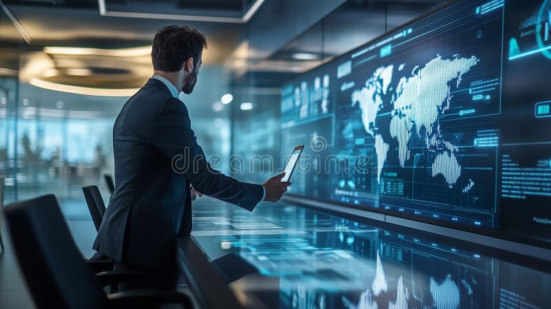 Executive in Sleek Conference Room Using Touchscreen Technology Stock ...
