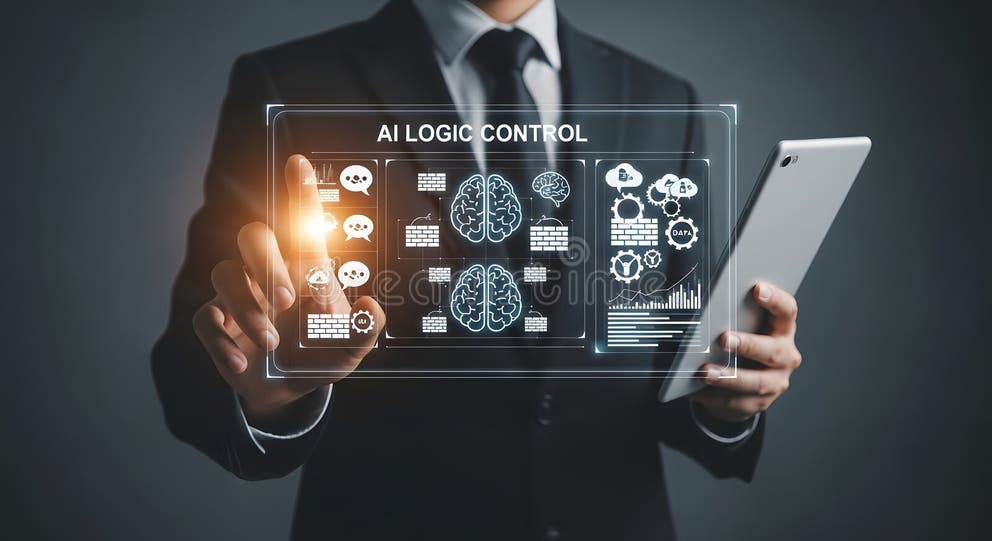 Executive Touching AI Interface with Brain and Data Graphics, Holding ...