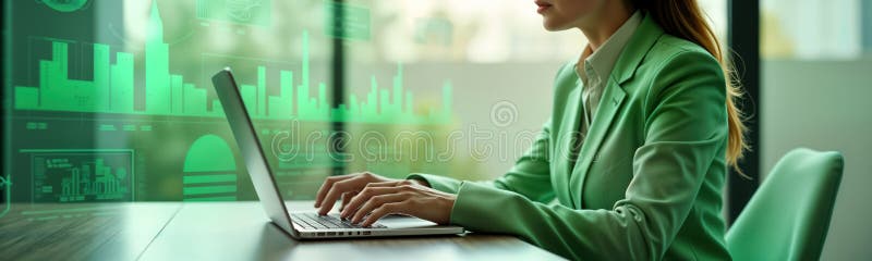 Executive Woman Works on Laptop with Sustainable Business Model ...