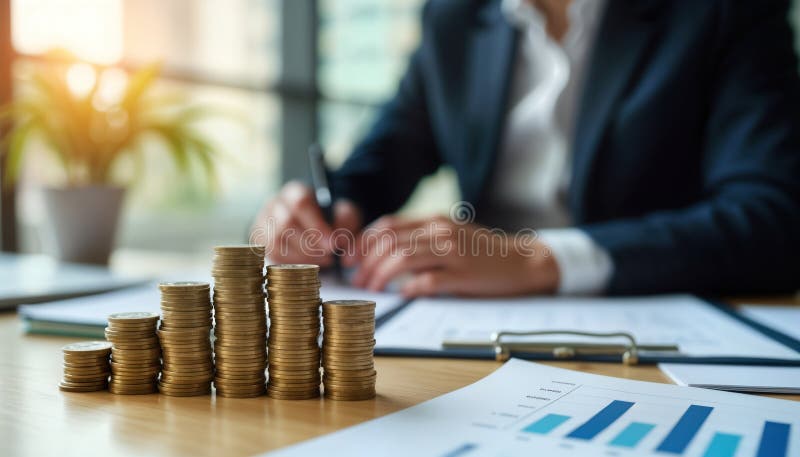 Executive Working on Financial Documents. Stacks of Coins Symbolize ...