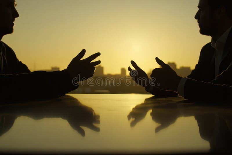 Executives Engaged in Dynamic Discussion Against a Stunning Sunset ...