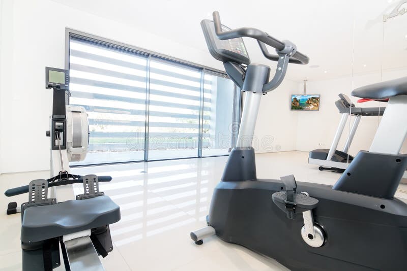 Exercise Bike and Rowing Simulator in a Modern Luxe Gym. Stock Photo ...
