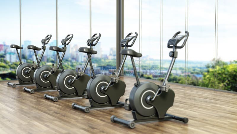 Exercise Bikes Standing in a Row Inside a Gym. 3D Illustration Stock ...