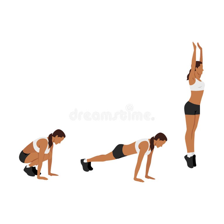 Exercise Guide with Woman Doing the Squat Thrust Burpee Position Stock ...