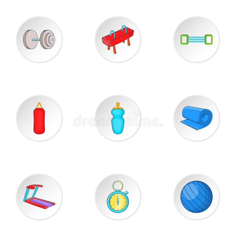 Exercise in Gym Icons Set, Cartoon Style Stock Vector - Illustration of ...