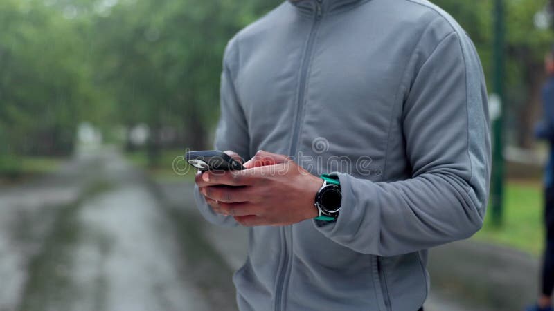 Exercise, Man and Hands with Phone in Park for Training Program ...