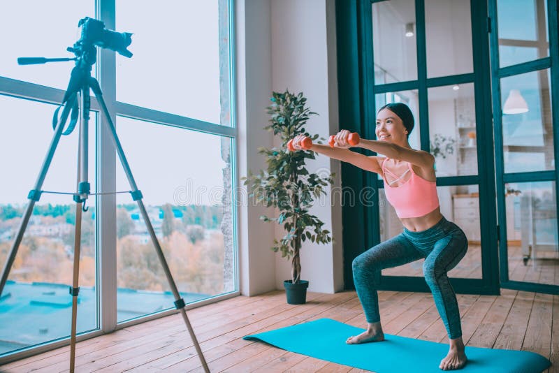 Fitness Blogger with Nice Abs Doing Exercises with Barbells Stock Photo ...