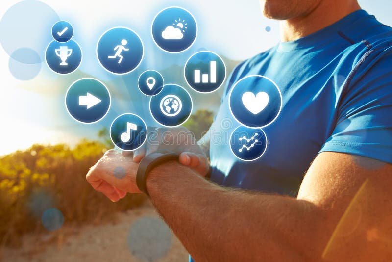 Exercising Man Checking Activity Tracker with Health Icons Stock Image ...