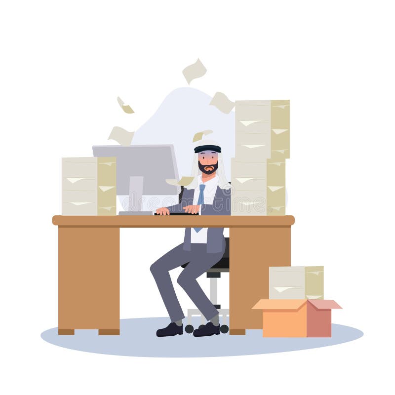 Exhausted Arab Businessman Working at Desk with Overload Work Stock ...