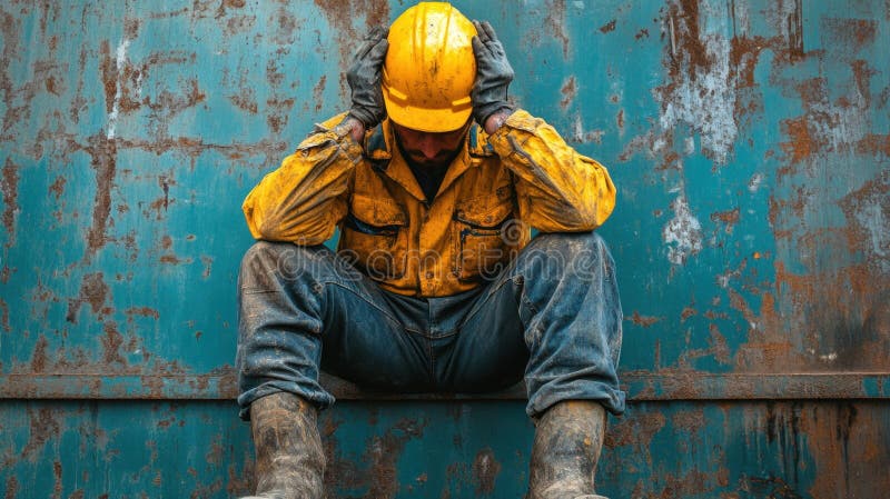 Exhausted Construction Worker in a Yellow Helmet Rests Against a Rusted ...