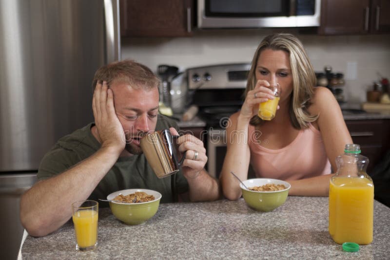 Exhausted Couple Has Breakfast Stock Image - Image of drinking, dating ...