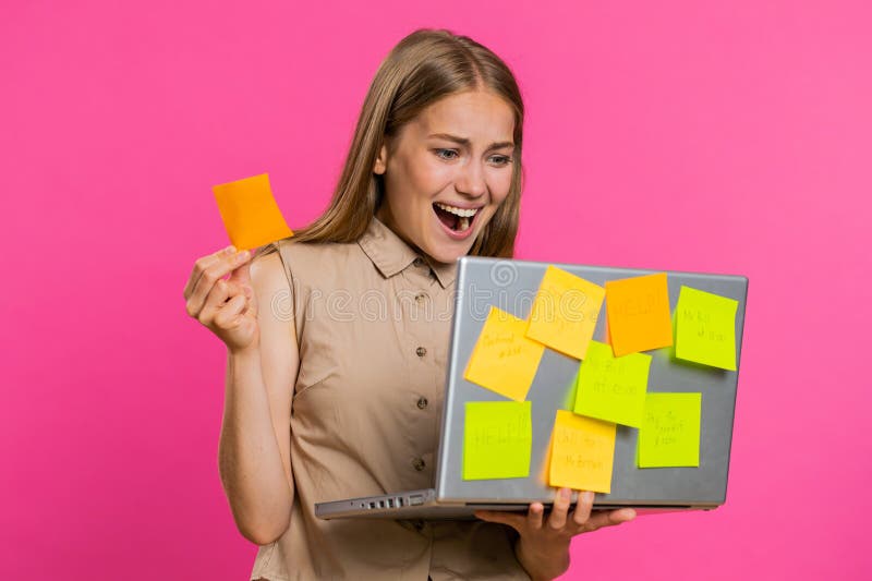 Exhausted Freelancer Woman with Pasted Sticker Notes Use Laptop ...