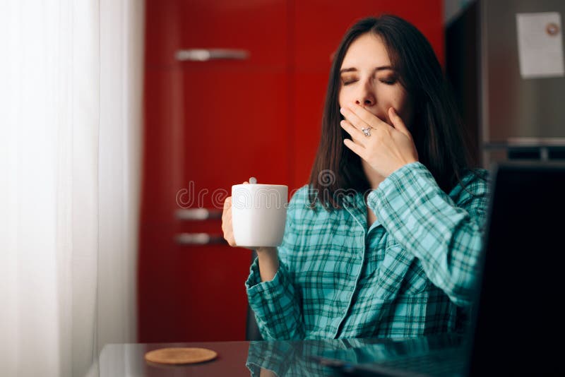 Sleepy Woman Working From Home Drinking Coffee Stock Image Image Of