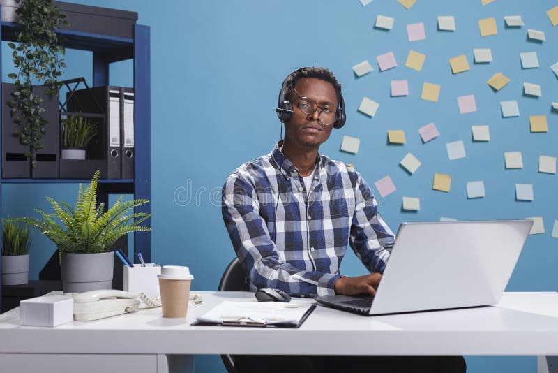 Exhausted Helpline Support Operator Sitting in Call Center Workspace ...
