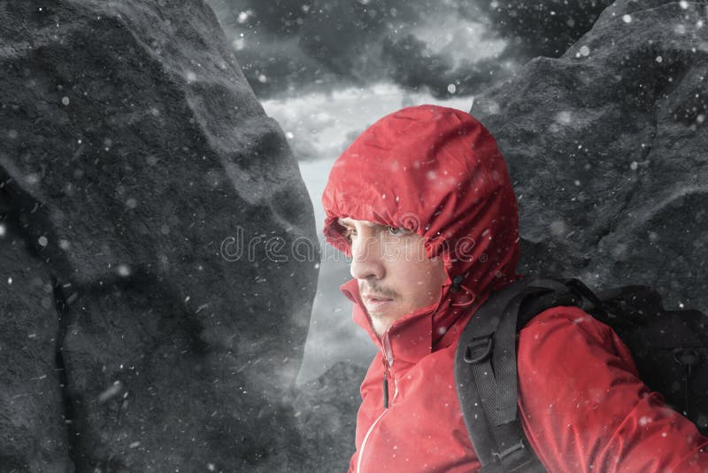 Exhausted Hiker with Red Jacket in Front of Rock Walls and Cloudy Sky ... Exhausted Hiker with Red Jacket in Front of Rock Walls and Cloudy Sky ...