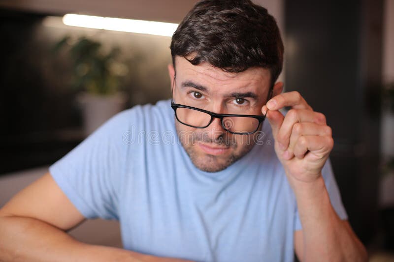 Exhausted Looking Man with Severe Vision Problems Stock Image - Image ...