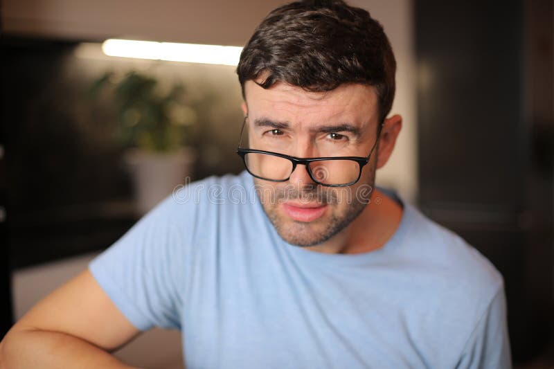 Exhausted Looking Man with Severe Vision Problems Stock Image - Image ...