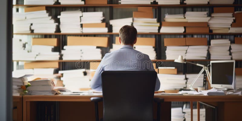 Exhausted Man in the Office Full of Folders and Work ,back View Stock ...