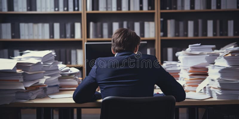 Exhausted Man in the Office Full of Folders and Work ,back View Stock ...