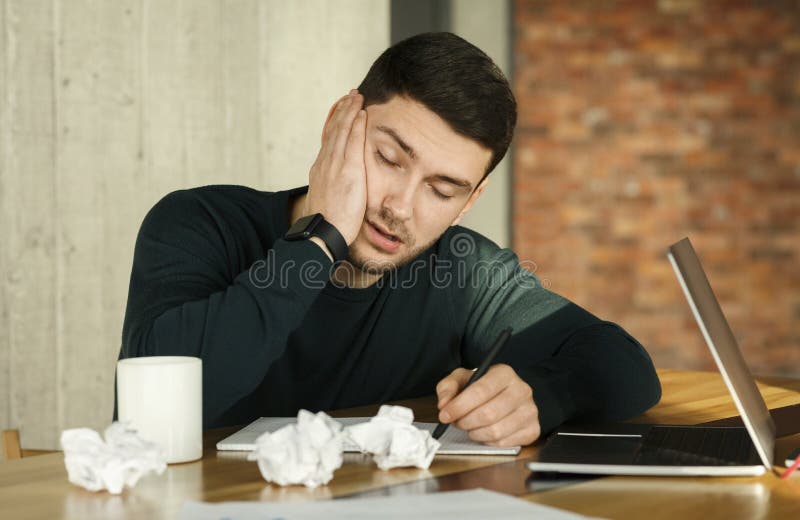 Exhausted Man Sleeping in Front of Computer in Office Stock Image ...