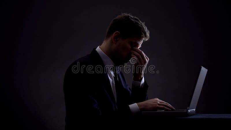 Exhausted Office Worker Feeling Tired, Working on Computer, Night Shift ...