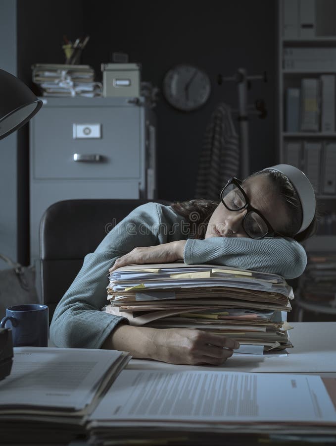 Exhausted Office Worker Sleeping at Her Desk Stock Image - Image of ...