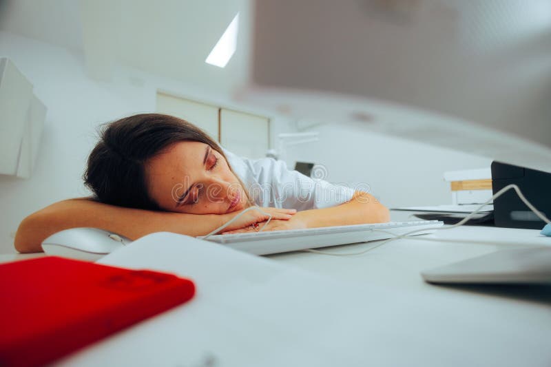 Tired Doctor Working Late on Her Pc Computer Falling Asleep Stock Photo ...