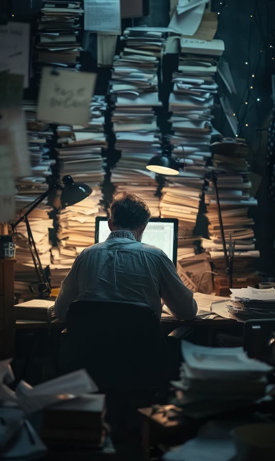 Exhausted Overworking Person with Pile and Stack of Paper Documents and ...