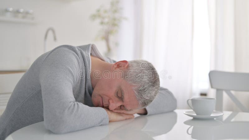 Exhausted Old Man Having Nap on Dining Table Stock Photo - Image of ...