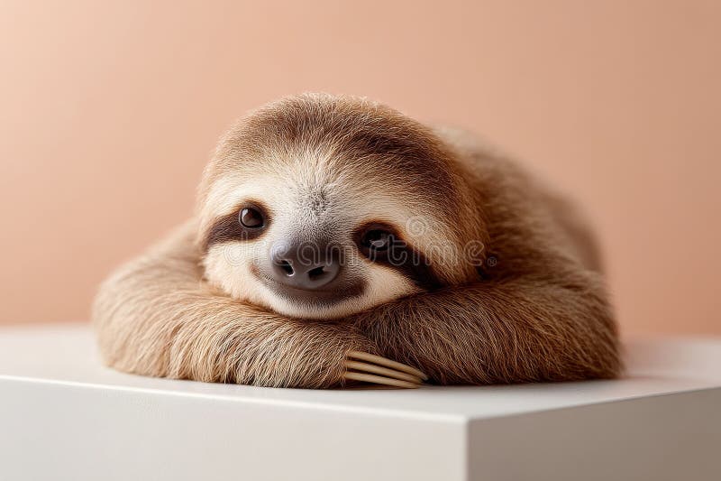 Exhausted Sloth Resting with Tired Eyes on a Soft Peach Background in ...