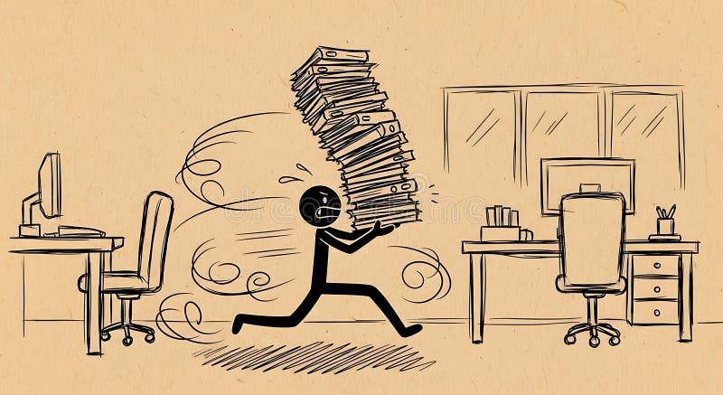 Exhausted Stick Figure Carrying a Stack of Documents in a Cartoon ...