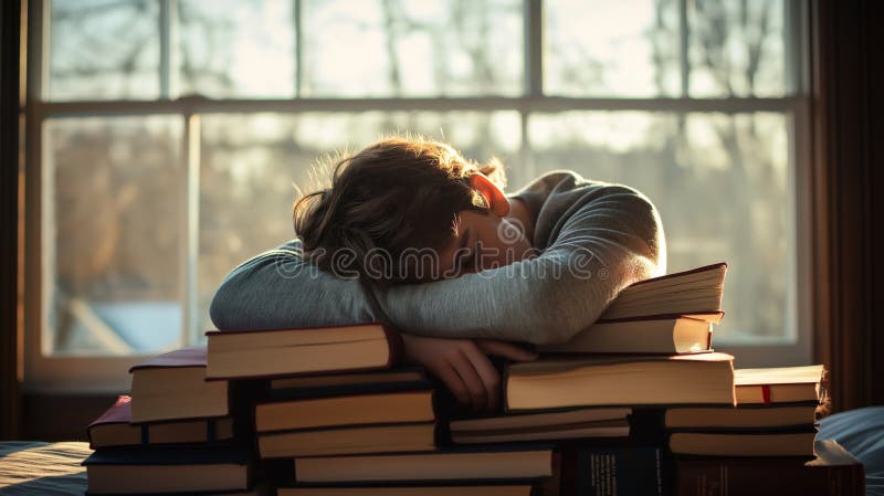 Exhausted Student Sleeping on Books after Intense Studying Session ...
