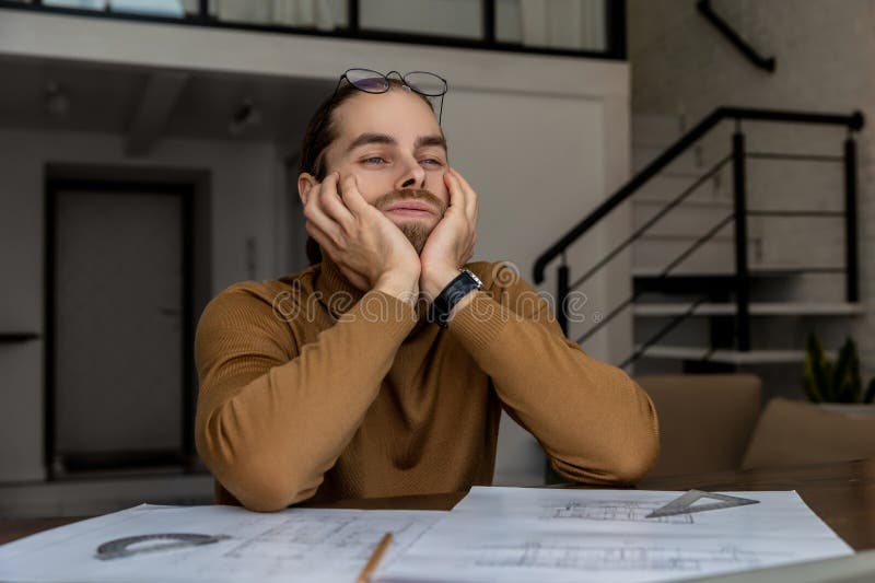 Exhausted Tired Engineer Architect Working on Design of House, Creating ... Exhausted Tired Engineer Architect Working on Design of House, Creating ...