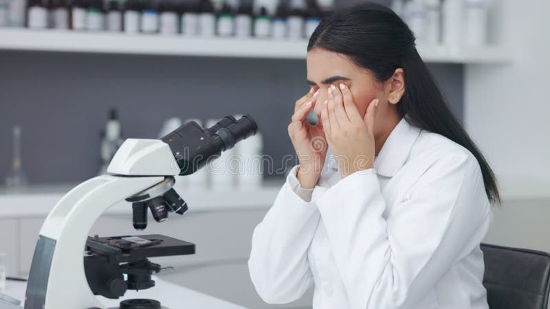 Exhausted and Tired Woman Analyzes Test Sample while Doing Research in ...