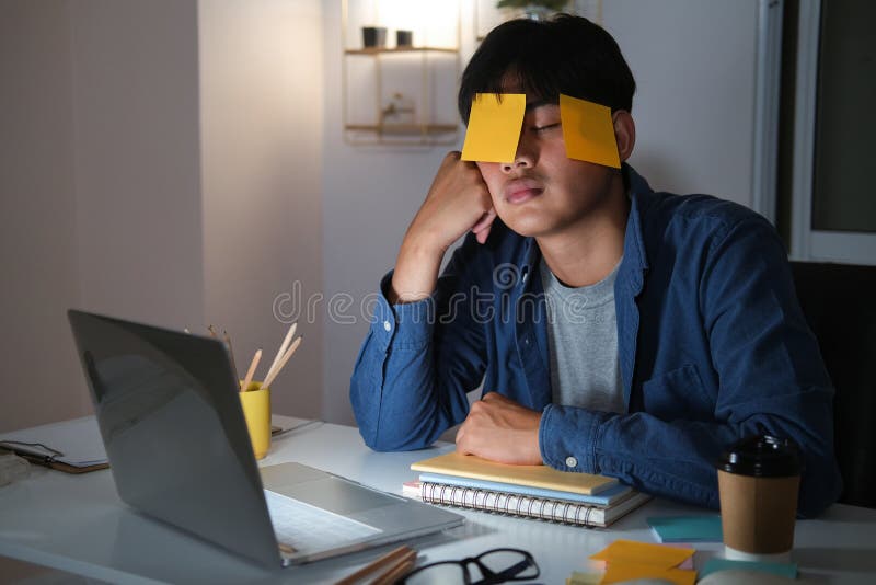 Exhausted Tired Workaholic Young Man with Sticky Note. Stock Image ...