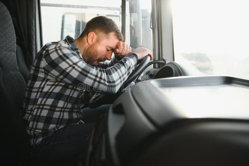 Exhausted Truck Driver Falling Asleep on Steering Wheel. Tiredness and ...