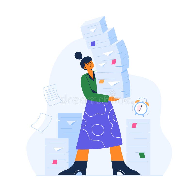 An Exhausted Woman with Stacks of Office Papers and Documents. Stock ...