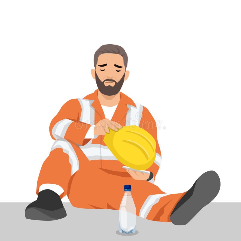 Exhausted Worker Taking a Break, Tired Construction Worker in Safety Uniform Sits on the Ground ...