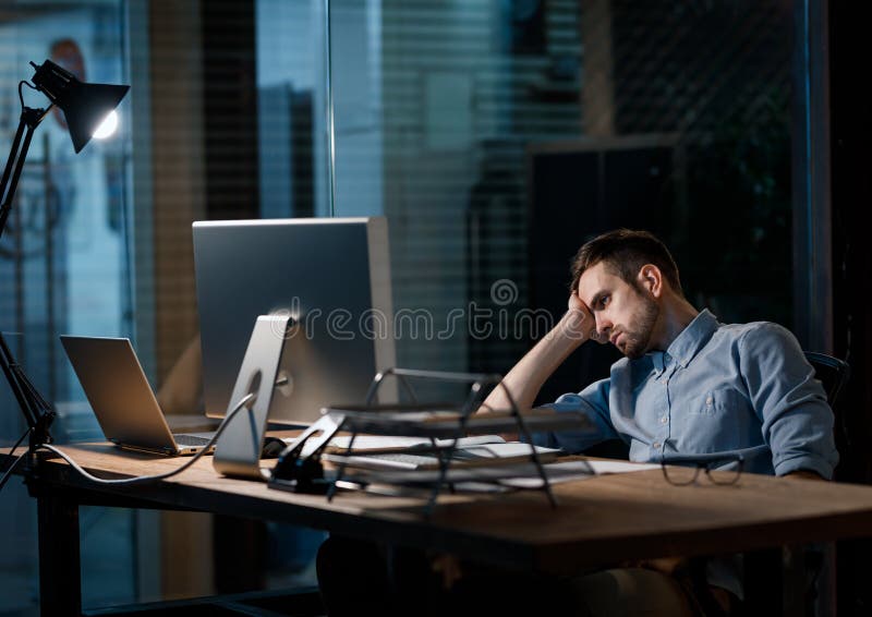 Exhausted Worker Watching Computer Stock Photo - Image of document ...