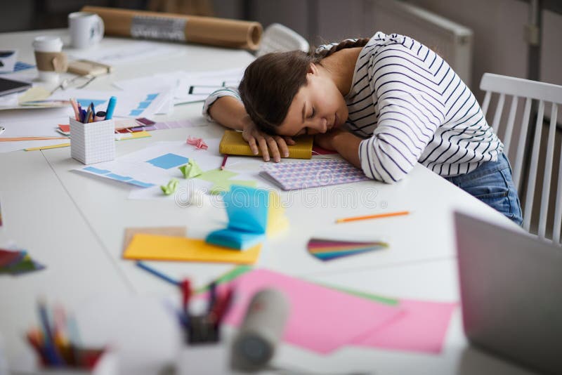 Exhausted Young Woman Sleeping at Work Stock Photo - Image of people ...