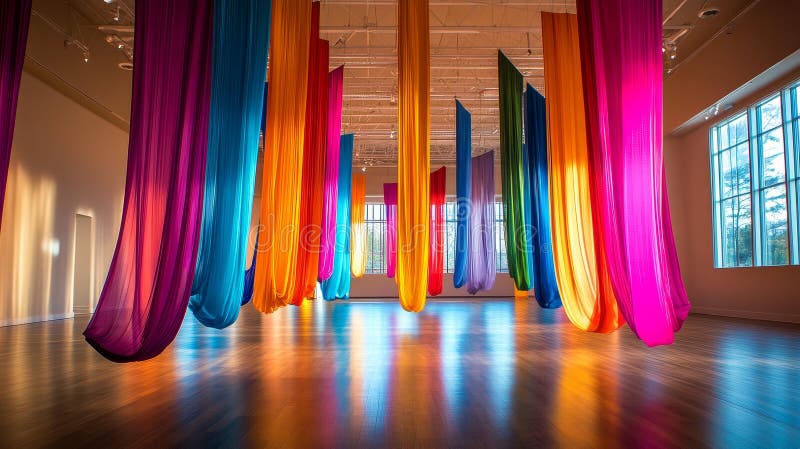 An Exhibit Hall Has a Ceiling with Hanging Translucent Fabric in ...