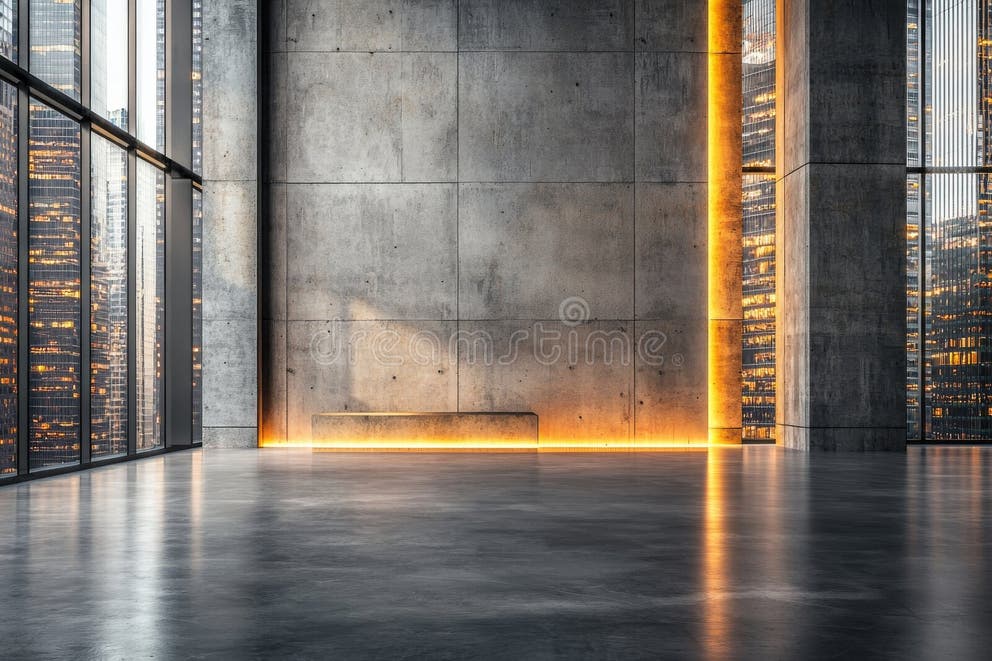 Exhibit Room with Skyline View and Concrete Wall. 3D Rendering Stock ...