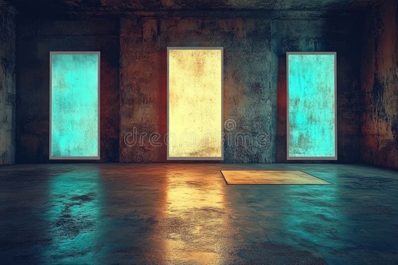 The Exhibit Space is a Dark Modern Hall with Bright Vertical Blank ...