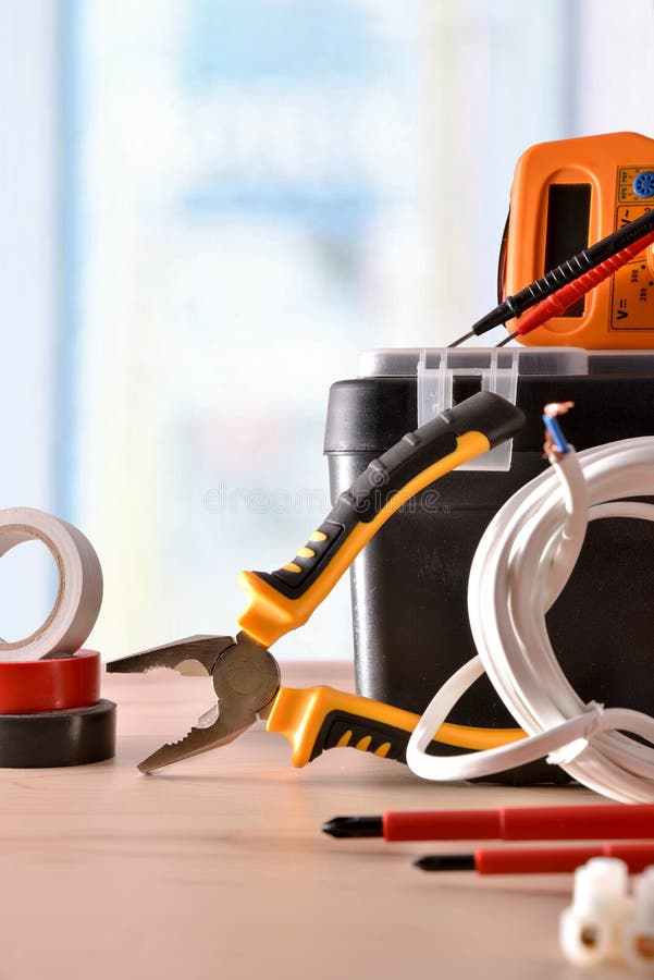 Electrician`s Office Table with Electrical Equipment Window Background ...