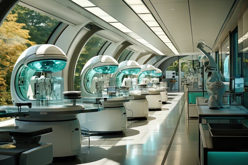 An Exhibition of Machines in a Room with Large Windows Stock ...