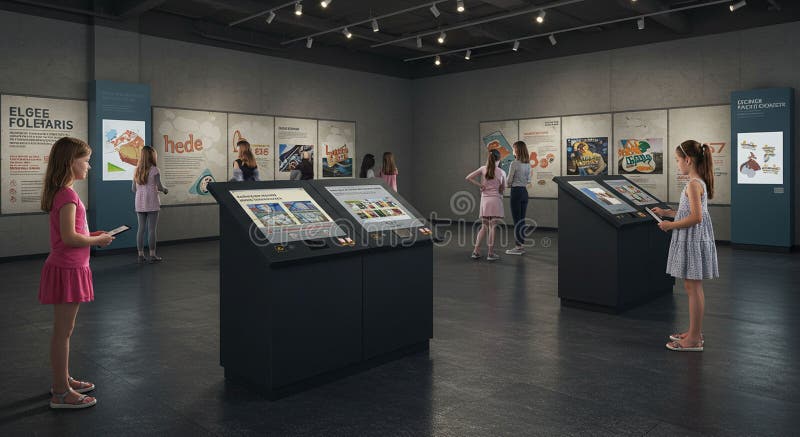 Exhibition Room with Interactive Displays and Wall Posters. the Setting Features Dim Stock ...