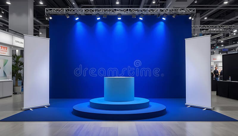 Exhibition Setup Featuring a Blue Backdrop with Spotlights, a Central ...