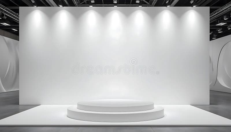 Exhibition Setup Featuring a Clean White Backdrop with Spotlights, a ...