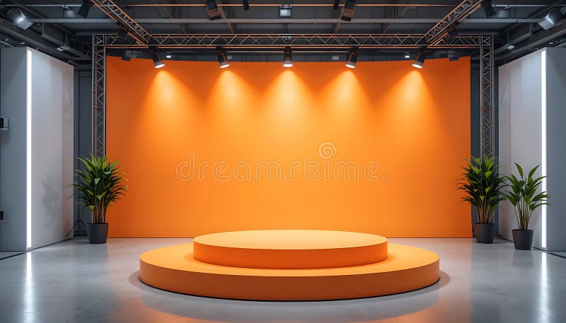 Exhibition Setup Featuring a Orange Backdrop with Spotlights, a Central ...
