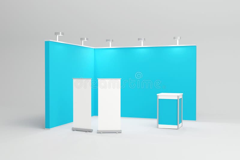 Exhibition Setup with White Backdrop, Podium, and Blue Banners Stock ...